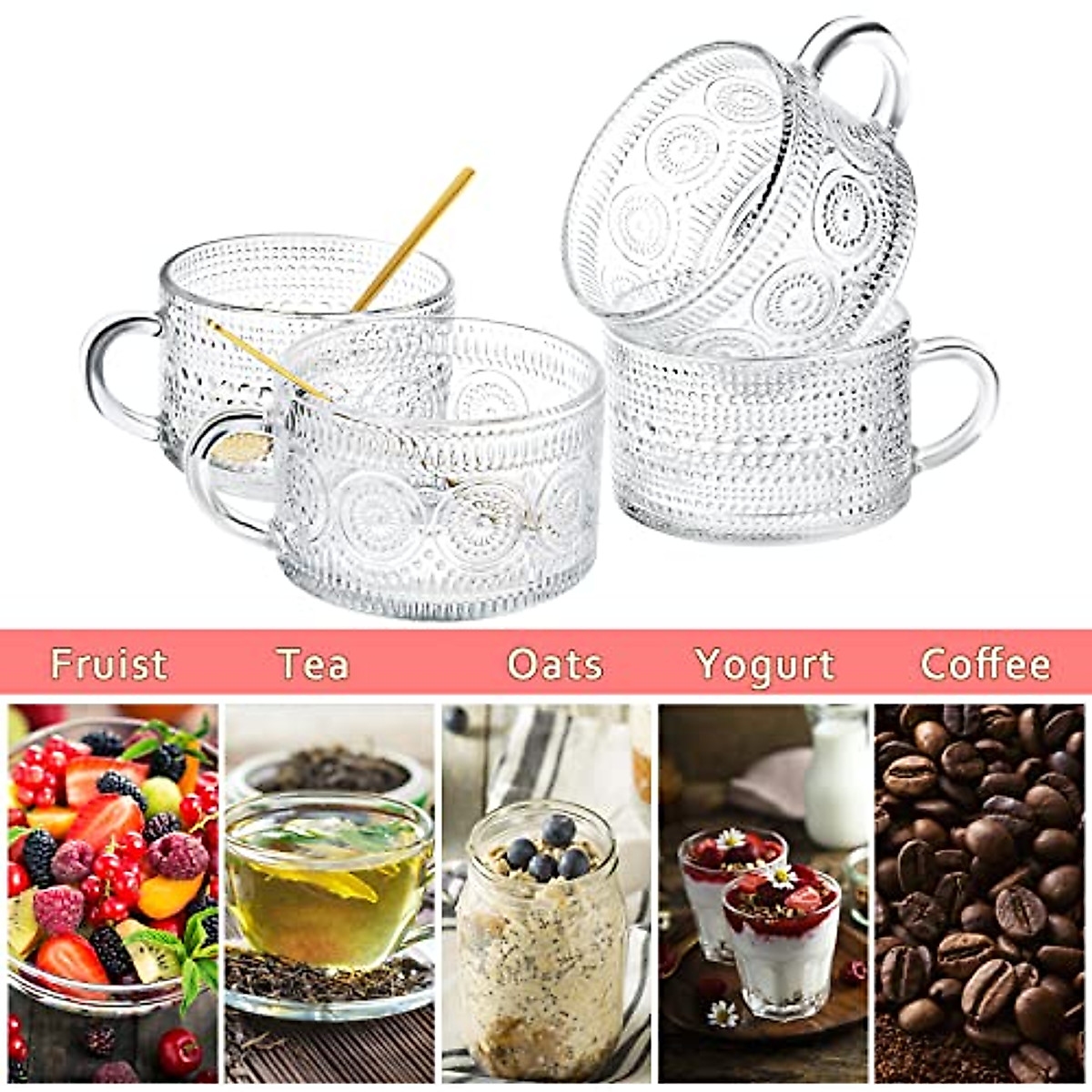 4 Pcs Vintage Glass Coffee Mugs 14 Oz Clear Embossed Tea Cups with 4 Pcs Spoons Stackable Drinking Glasses for Cappuccino Water Milk Yogurt Beverage Gift for Family and Friends