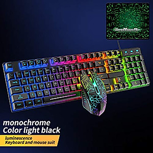 MAOSUO T6RGB Luminous Wired Gaming Keyboard and Mouse Set with Large Mouse Pad USB Colorful Backlit Easy-to-Operate Mechanical Feel Keyboard Accessories Kit for Laptop Computer Gamer Work