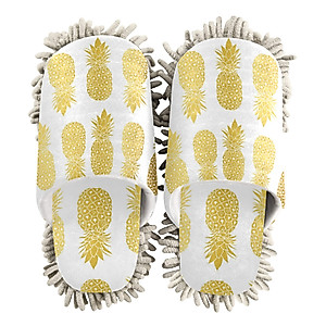 Kigai Microfiber Cleaning Slippers Gold White Pineapples Washable Mop Shoes Slipper for Men/Women House Floor Dust Cleaner, Size L