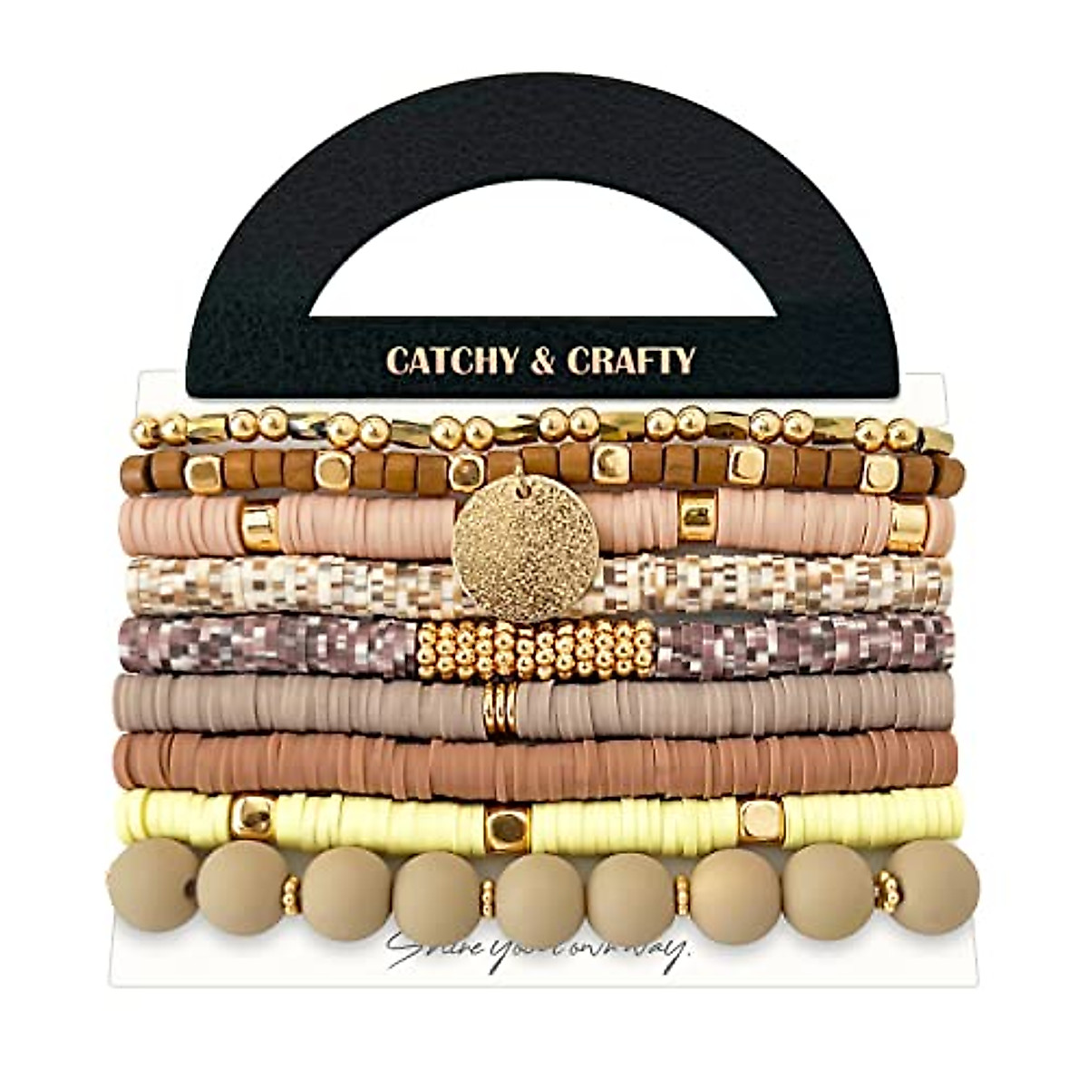 CATCHY & CRAFTY Bracelet Heishi Stretch Stackable Layering Beaded Colorful Bracelets Women Boho Friendship Gift (Brown Multi 02)