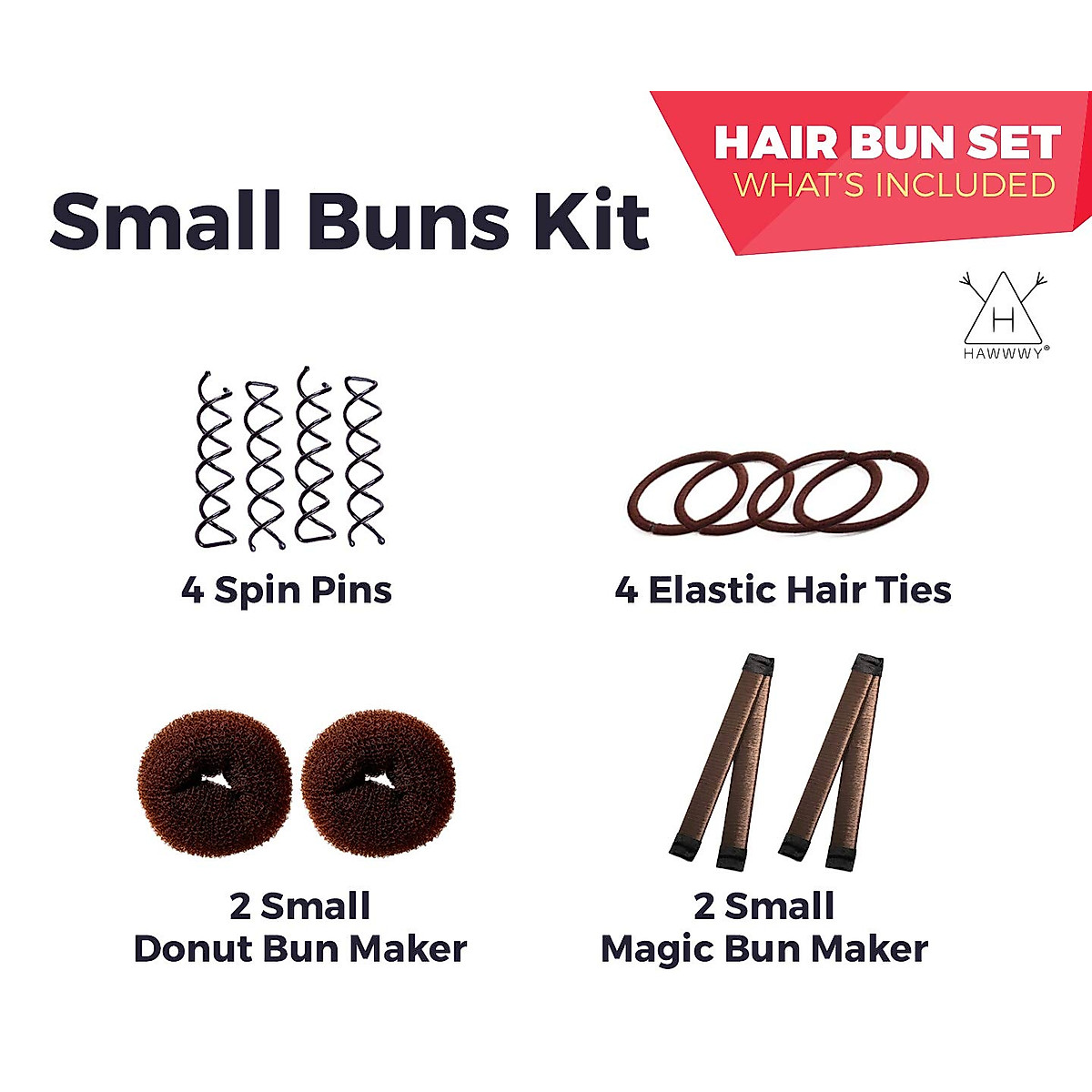 Hawwwy 12-piece Hair Bun Maker - Easy Fast Bun Tool, Short Long Thin Hair Women Girls Kids Toddler - Hair Accessories for Women - Brown Large (2 Donuts,2 Magic Snap & Roll, 4 Spin Pins)