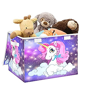 DOMIKING Unicorn Pink Head Galaxy Toy Storage Trunk with Lid Collapsible Storage Box Organizer with Handles for Nursery Drawer Shelves Cabinet