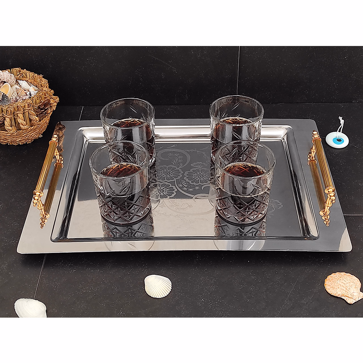 Candymosa Silver Serving Tray with Handles (18”x12”) - Stainless Steel Serving Tray for Drinks and Food - Silver Tray Decorative - Ideal as a Coffee Tray, Bar Tray, Silver Platter or Turkish Tray