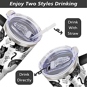 30 oz Cat Tumbler with Handle and Straw, Boho Kitty Stainless Steel Vacuum Insulated Travel Coffee Mug Cup Water Bottle, Cats Stuff Accessories Decor Gifts for Women Girls