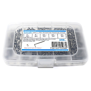 iexcell 250 Pcs M3 x 6/8/10/12/16 Stainless Steel 304 Hex Socket Flat Head Cap Screws Bolts Assortment Kit