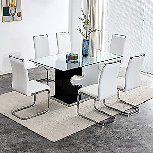 Henf 63" Glass Dining Table Rectangular Kitchen Table with High-Gloss White/Black Pedestal, Contemporary Modern Dining Room Tables Home Office Meeting Table for 6