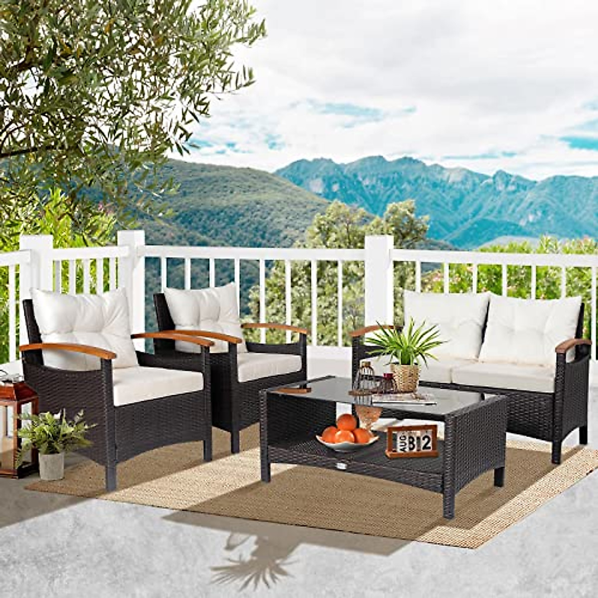 HAPPYGRILL 4 Piece Patio Conversation Set Rattan Sectional Sofa Set with Soft Cushions and Coffee Table, Outdoor Wicker Furniture Set with Acacia Wood Armrests, Perfect for Poolside, Garden, Backyard