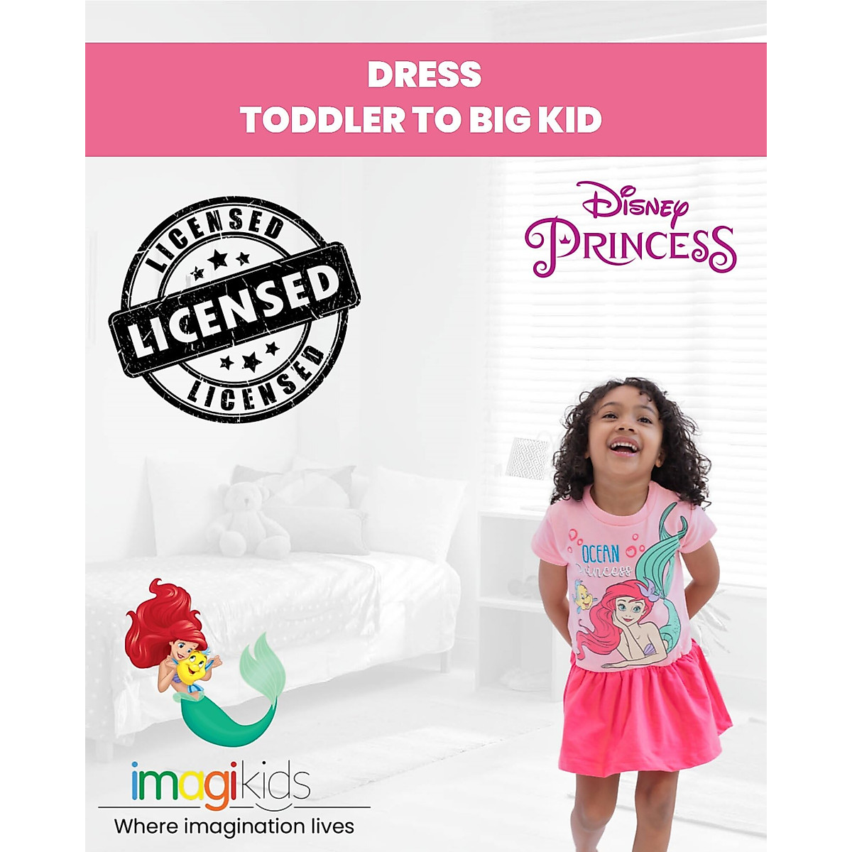Disney Princess Ariel Toddler Girls French Terry Dress Princess Ariel Pink 5T