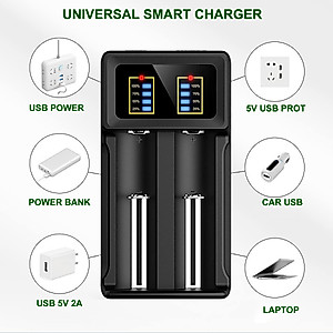 18650 Battery Charger 2-Bay 5V 2A for Rechargeable Batteries 1.2V AA AAA 3.7V Li-ion 26650 18650 16340(RCR123) Capacity Display (Not Battery)