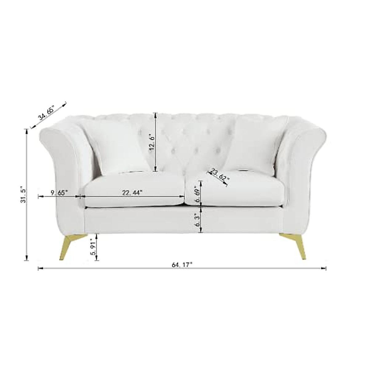 Loveseat Sofa,Upholstered Futon Sofa with Button Tufted Back,Modern Velvet Loveseat Sofa Couch with Armrest,Mid-Century 2 Seater Corner Sofa Couch with Metal Legs for Apartments Bedroom Dorm,White