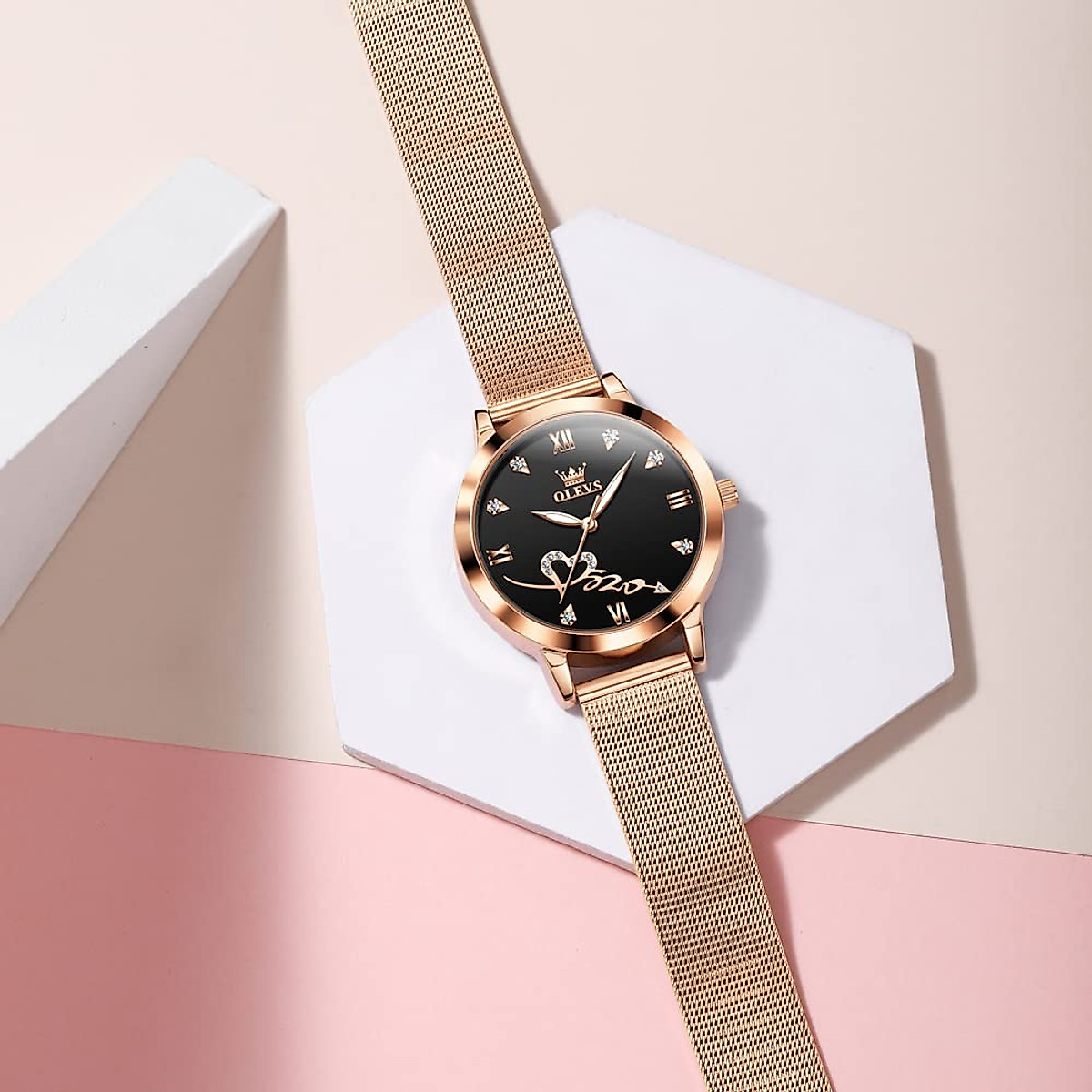 OLEVS Womens Watches Rose Gold Mesh Strap Fashion Dress Quartz Waterproof Luminous Watches for Women Bracelet Sets Black Face