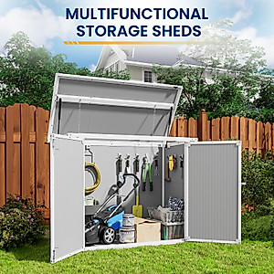 Amopatio 41 Cu Ft Horizontal Outdoor Storage Shed, Resin Trash Can Storage for Garden Tools, Lawn Mowers, Garbage Cans