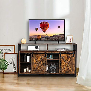 VINGLI Farmhouse TV Stand with Sliding Barn Doors for 65+ Inch TV Flat Screen, Rustic Entertainment Center Media Console Table Cabinet w/Adjustable Shelves (Rustic Brown)