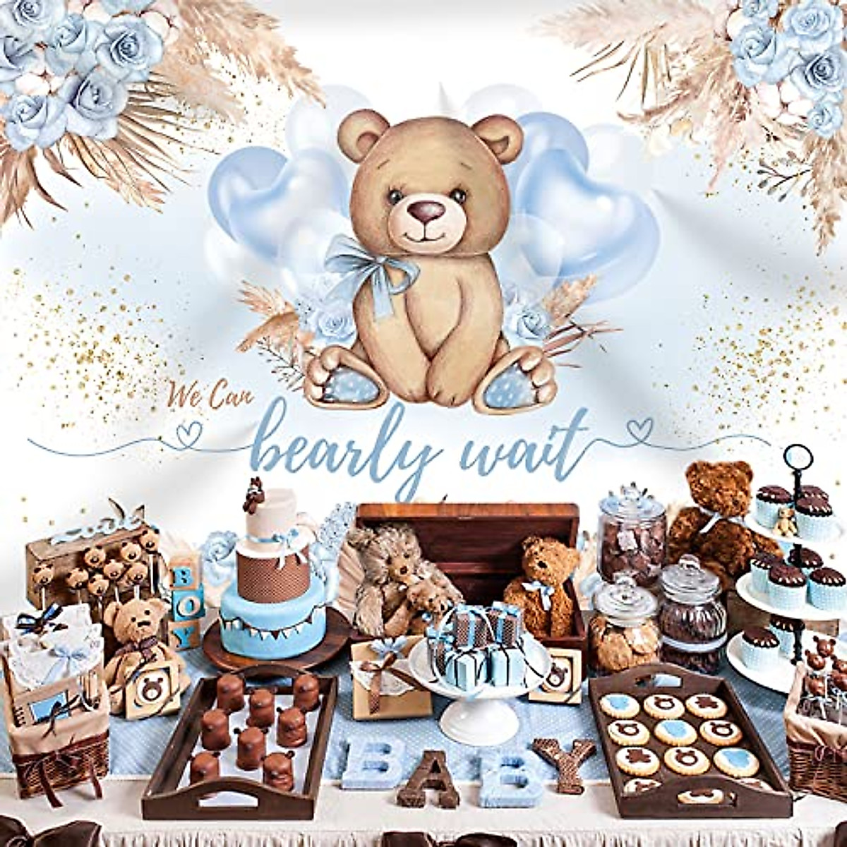 Rsuuinu Boy Bear Baby Shower Backdrop Boho Pampas Blue Flower We can Bearly Wait Photography Background Balloons Bear Baby Shower Backdrops Party Decorations Banner Supplies Photo Booth Props 7x5ft
