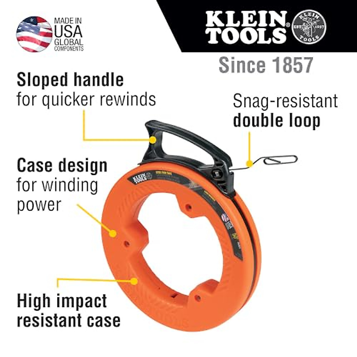 Klein Tools 56331 Electrical Fish Tape, Steel Wire Puller with Double Loop Tip, Optimized Housing and Handle, 1/8-Inch x 50-Foot
