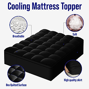 HYLEORY Full XL Size Mattress Topper for Back Pain, Extra Thick Cooling Mattress Pad Cover, Down Alternative Overfilled Plush Pillow Top with 8-21 Inch Deep Pocket, Black
