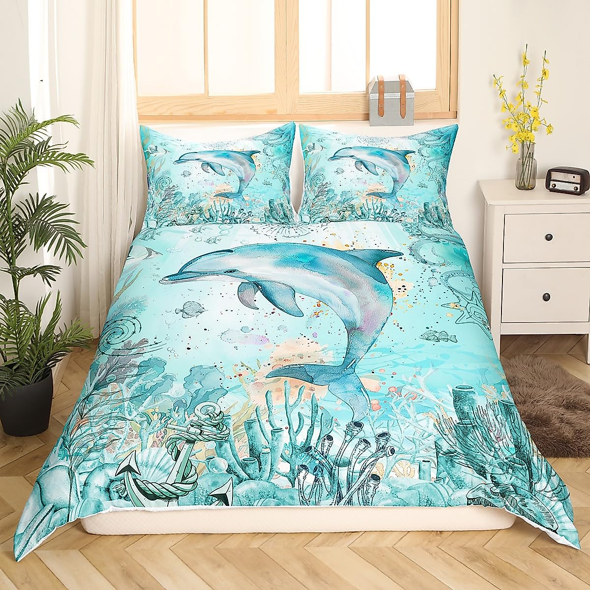 Feelyou Dolphins Duvet Cover Queen, Ocean Comforter Cover Sea Dolphins Bedding Set for Kids Boys Girls Ocean Coastal Bedspread Cover Zipper(No Comforter)