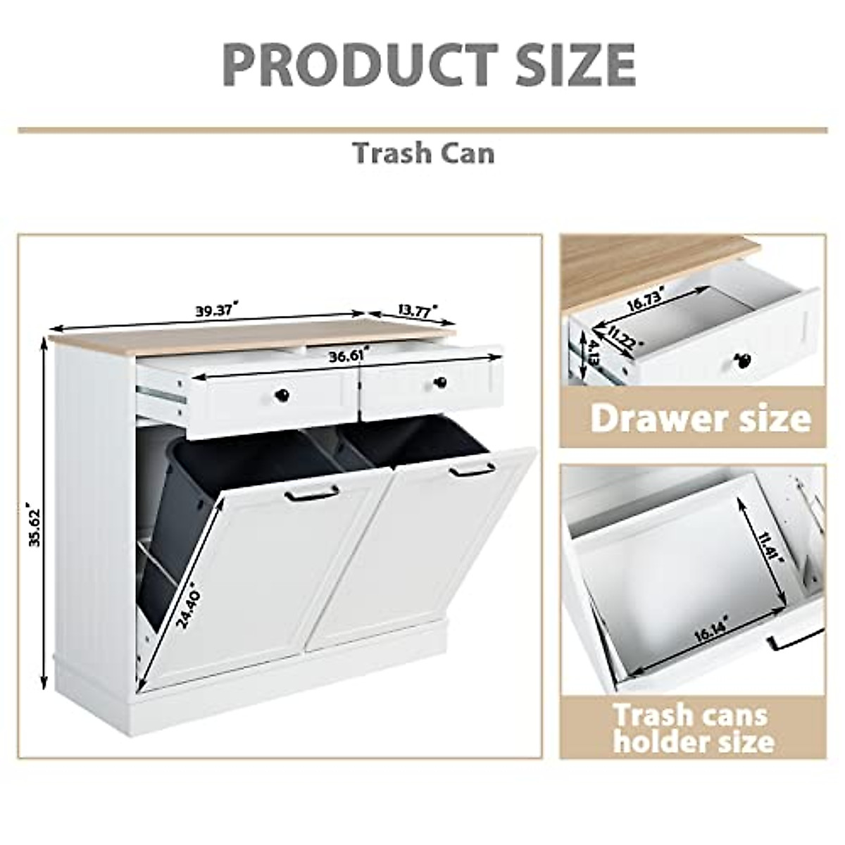 okcomuy Tilt Out Trash Bin Cabinet Free Standing Recycling Cabinet with Drawers, Dog Proof Trash Can Holder 20 Gallon Kitchen Wooden Trash Can with Storage
