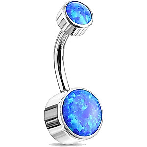 Titanium Iternally Threaded Top Doube Round Opal Bezel Set Belly Button Rings (14GA, L: 3/8" (10mm), Ball: 4 & 6mm, Opal Blue)