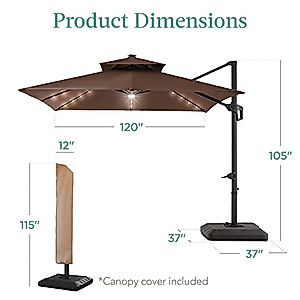 Best Choice Products 10x10ft 2-Tier Square Cantilever Patio Umbrella with Solar LED Lights, Offset Hanging Outdoor Sun Shade for Backyard w/Included Fillable Base, 360 Rotation - Brown
