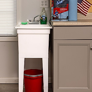 UTILITYSINKS 18 Inch Plastic Freestanding Utility Tub Sink with Heavy Duty Stainless Steel Swing Faucet for Garage, Laundry Room, and Garden, White