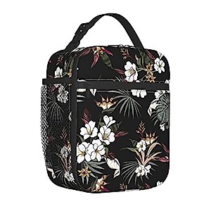 GAMSJM White Flower Lunch Box for Women, Black Insulated Lunch Bag