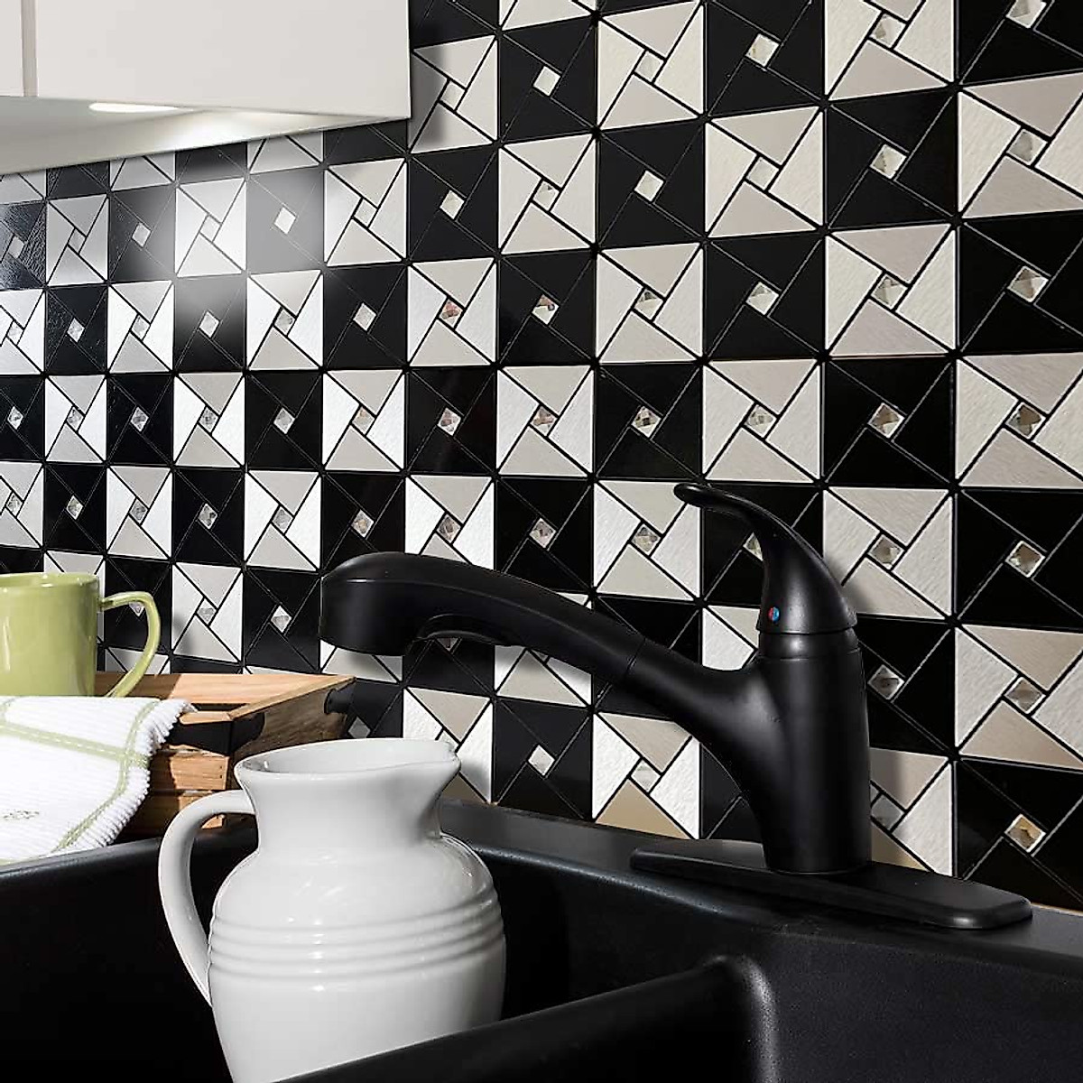 DICOFUN 10-Sheet Peel and Stick Backsplash Metal Tile, Mixed Glass Self-Adhesive Mosaic Tiles, Stainless Steel Stick on Wall Tiles for Kitchen and Bathroom Backspalsh, Mirror Decor (Black)