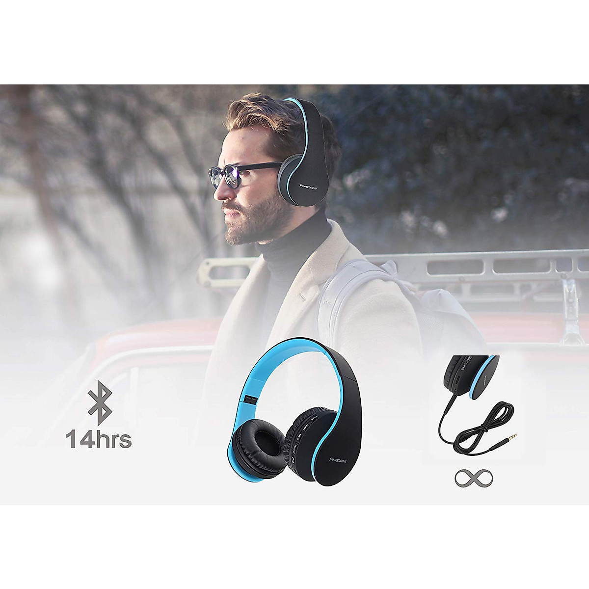 PowerLocus Wireless Bluetooth Over-Ear Stereo Foldable Headphones, Wired Headsets with Built-in Microphone for iPhone, Samsung, LG, iPad (Black/Blue)