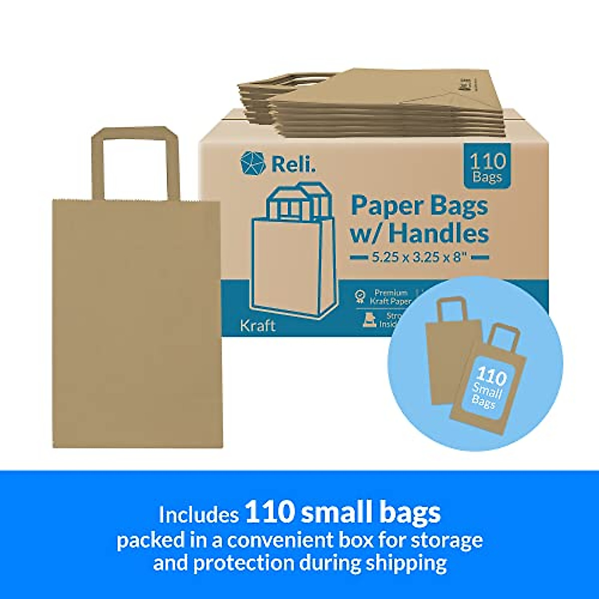 Reli. 110 Pack | 5.25"x3.25"x8" | Small Kraft Gift Bags w/Handles | Kraft Paper Gift Bags/Shopping Bags | Brown Paper Bags for Gifts, Retail, Merchandise, Party Favors