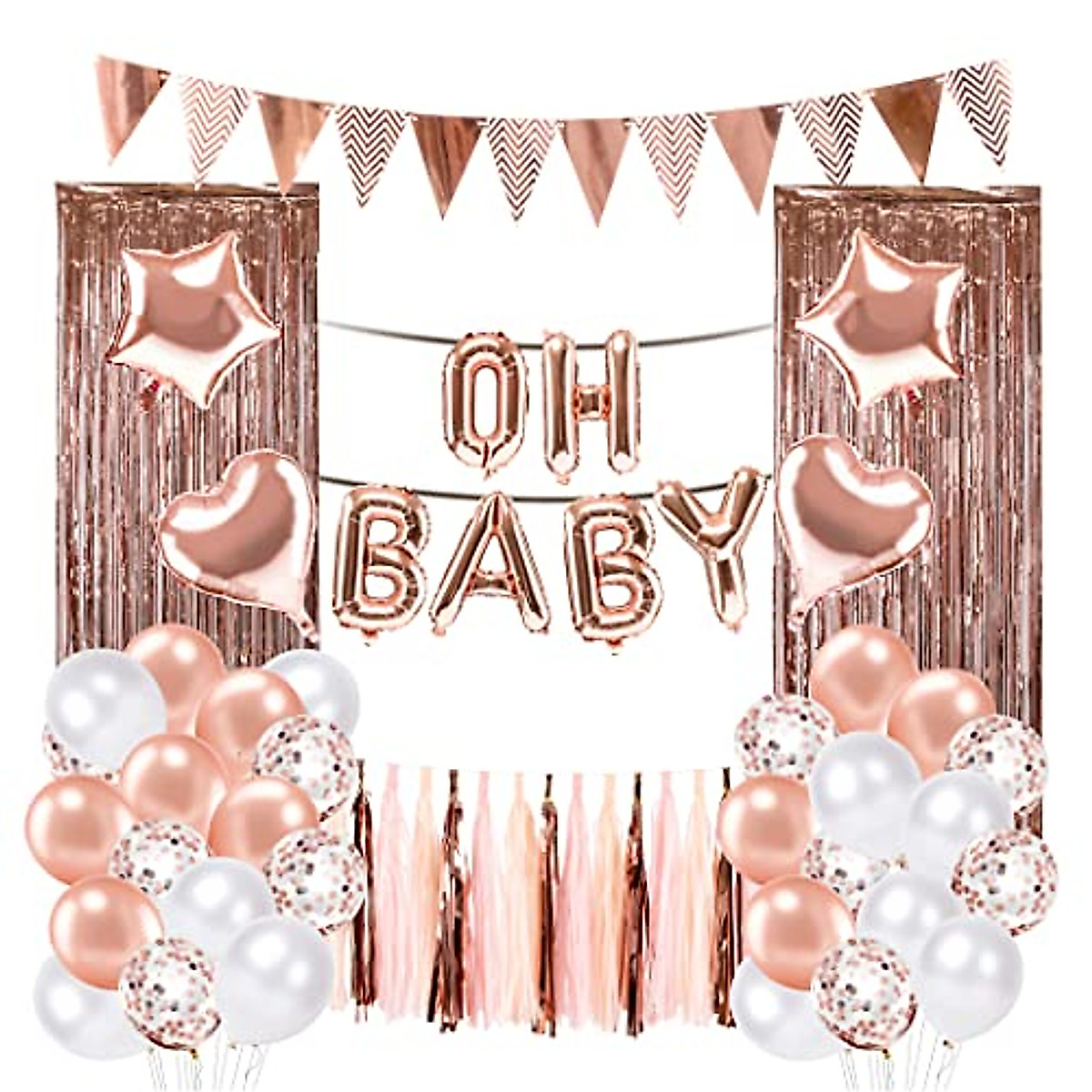 Sekcen Baby Shower Decorations for Girl 69 Pcs Rose Gold Girl Baby Shower Decor Kit with Foil & Confetti Balloons, Tassels, Triangle Flags