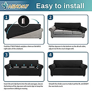 Asnomy Couch Covers for 3 Cushion Couch Stretch Sofa Covers Slipcovers, Pet Protector Furniture Covers for Dogs Cats Spandex Jacquard Fabric Small Checks（Large， Black）