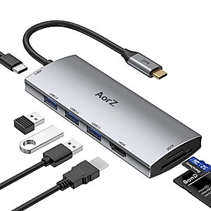 USB C Hub, USB Hub to HDMI Multiport AorZ USB C Dongle Adapter 7 in 1 with 4K HDMI Output,3 USB 3.0 Ports,SD/Micro SD Card Reader,100W PD,Compatible with MacBook Pro Air HP XPS and More Type C Devices