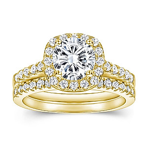 Bridal Sets for Women with 1-1/2 Carat (ctw) Moissanite Engagement Ring Set Wedding Ring Set 10K 14K 18K Gold with Text Engraving (14K Gold)