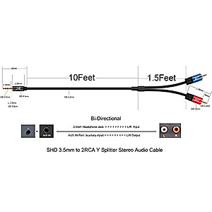SHD 3.5mm Aux to 2RCA Y Splitter Stereo Audio Cable Male Type OFC Conductor High Flexible PVC Jacket Dual Shielding Gold Plated High End Metal Shell-Black 10Feet/3m