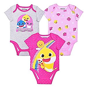 Nickelodeon Baby Shark Girls’ 3 Pack Short Sleeve Bodysuit for Newborn and Infant – Pink/Grey