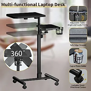LvnRaay Height Adjustable Laptop Sit to Stand Up Desk with Wheels Cup Holder, Overbed Table with Wheels Adjustable Height Mobile Laptop Stand Desk, 40'' Rolling Desk Laptop Stand for Couch (Black)