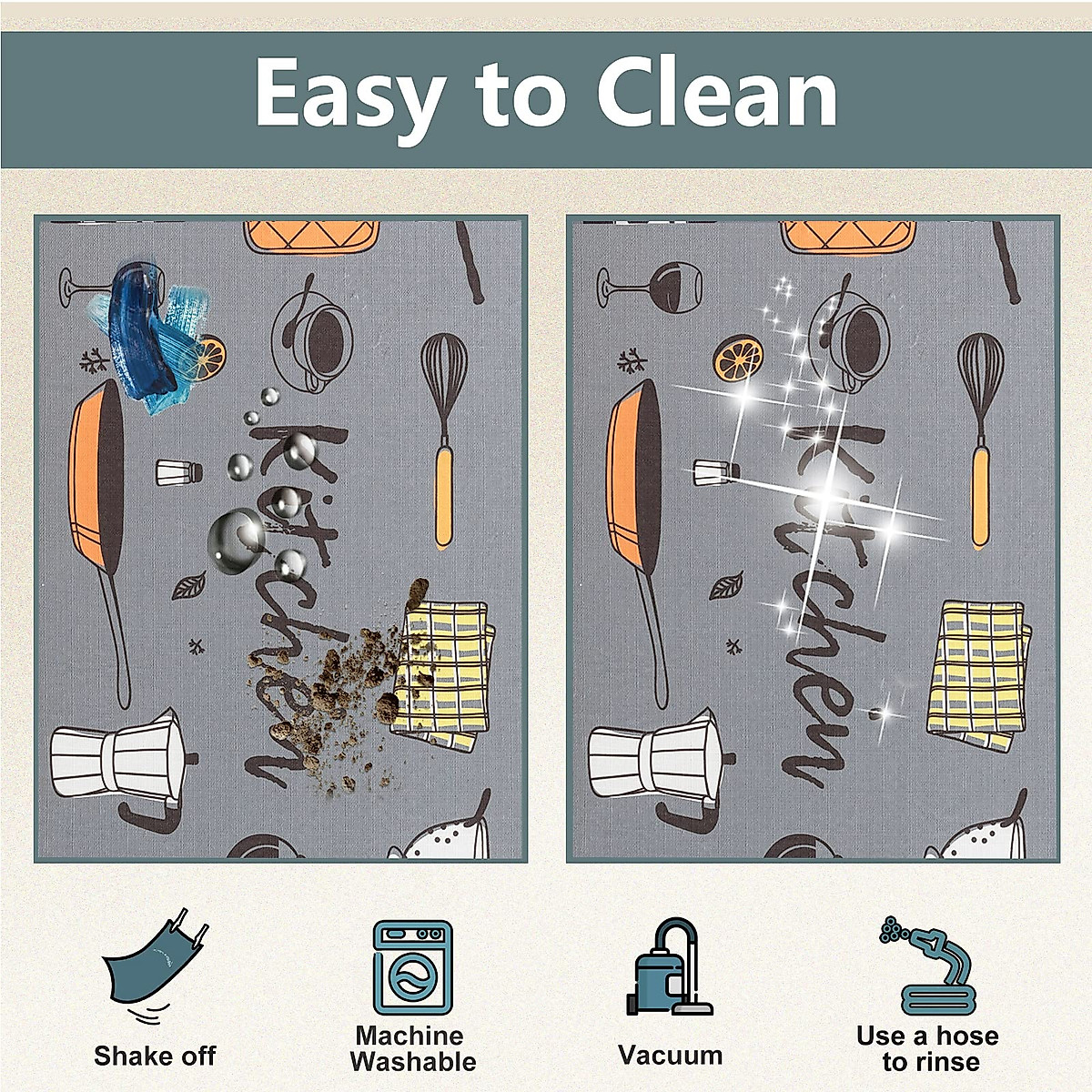 Carvapet 2 Pieces Non-Slip Kitchen Rug TPR Non-Skid Backing Mat for Doorway Bathroom Runner Rug Set, Grey Kitchen Design (17"x48"+17"x24")