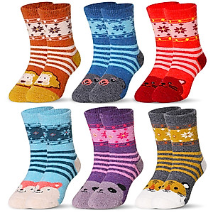 Eocom 6 Pairs Children's Winter Warm Wool Socks Kids Toddlers Boys Girls Thermal Thick Boot Cozy Crew Socks (8-12 Years, Snowflake Animal)