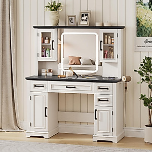 Maupvit Farmhouse Vanity Desk with Mirror and Lights, Makeup Vanity Table with Charging Station, 45" Bedroom Table with 4 Drawers and Cabinets, 3 Lighting Modes, White