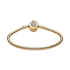 PANDORA Moments Sparkling Crown O Pavé Clasp Snake Chain Bracelet - 14k Gold-Plated Charm Bracelet for Women - Compatible Moments Charms - Cubic Zirconia Shine - 7.1"
