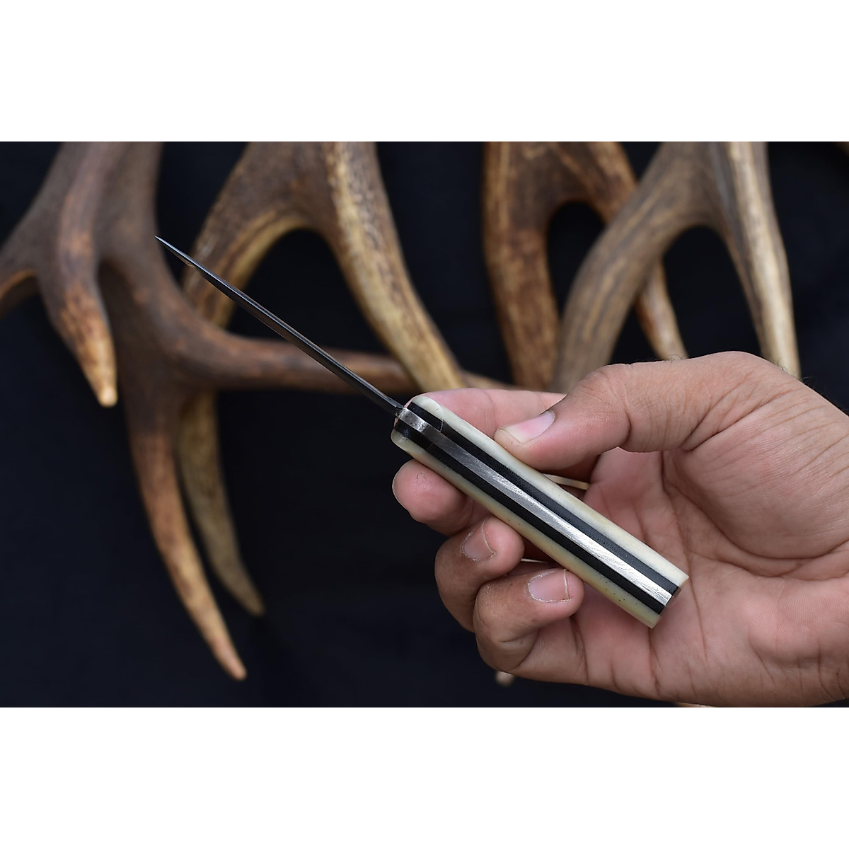 Knives Ranch Fixed Blade Hunting Knife - Full Tang EDC Knife - Damascus Skinning Knife - Bone Handle and Heavy Duty Horizontal Carry Sheath Snug Fit (4402-B)