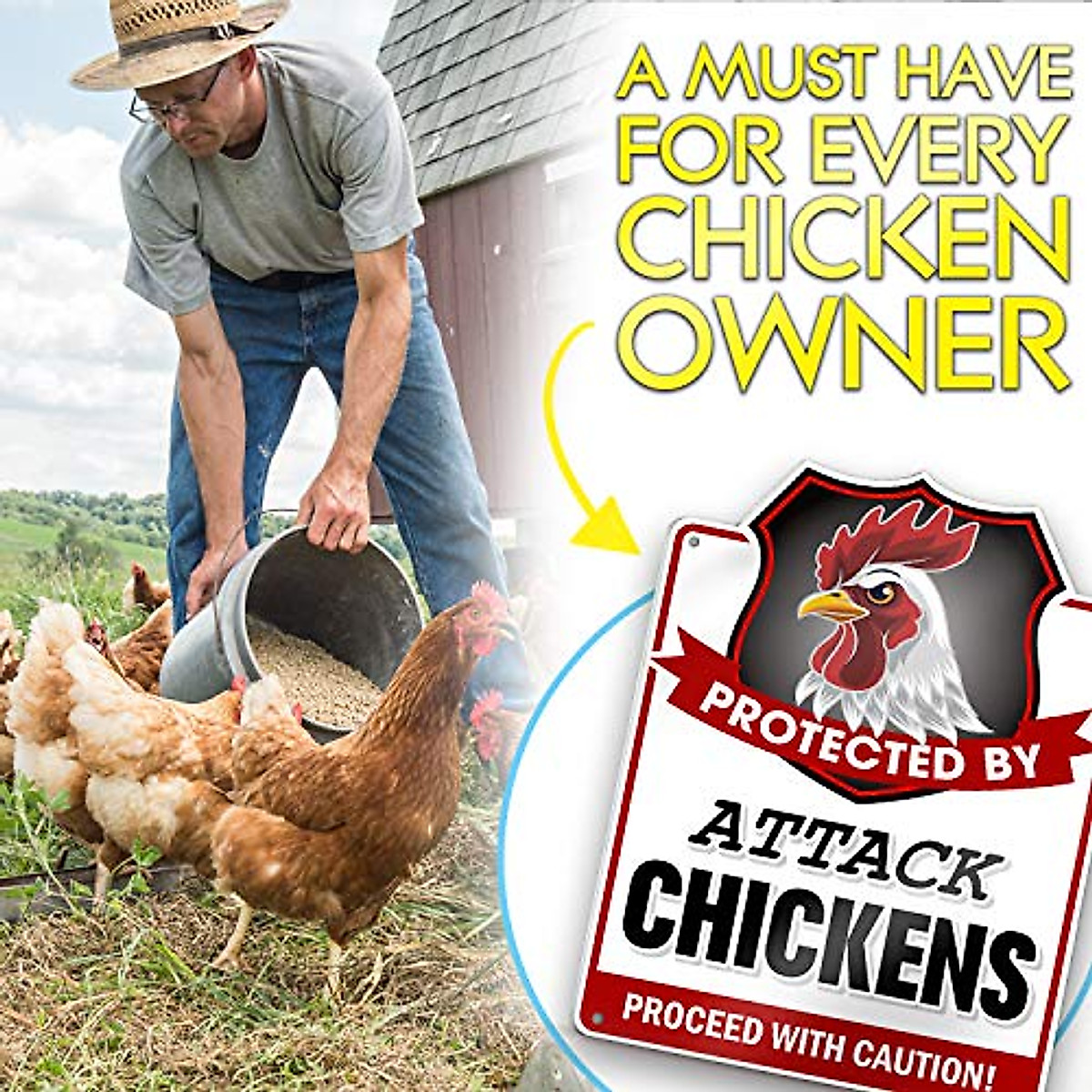 Bigtime Signs Protected by Attack Chickens PVC 9" x 12"| Chicken Fan Lovers Chicken Signs for coop Funny Outdoor | Chicken Coop Signs - Chicken Coop Accessories | Chicken Yard Decorations