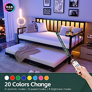 MU Daybed with Trundle Bed, Twin Bed Frame with Charging Station and LED Lights, Metal Sofa Day Bed with Pop Up Trundle and Steel Slat Support for Living Room, Bedroom and Guest Room, Black