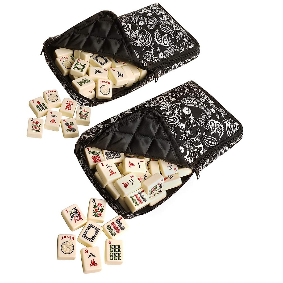 Linda Li American Mahjong Set Black Paisley Soft Bag - 166 Ivory Colored Engraved Tiles, 4 All-in-One Rack/Pushers