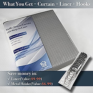 N&Y HOME Waffle Weave Shower Curtain with Snap-in Fabric Liner Set, 12 Hooks Included - Grey Shower Curtain Hotel Style, Water-Repellent & Washable, Mesh Top Window - 71x72, Gray