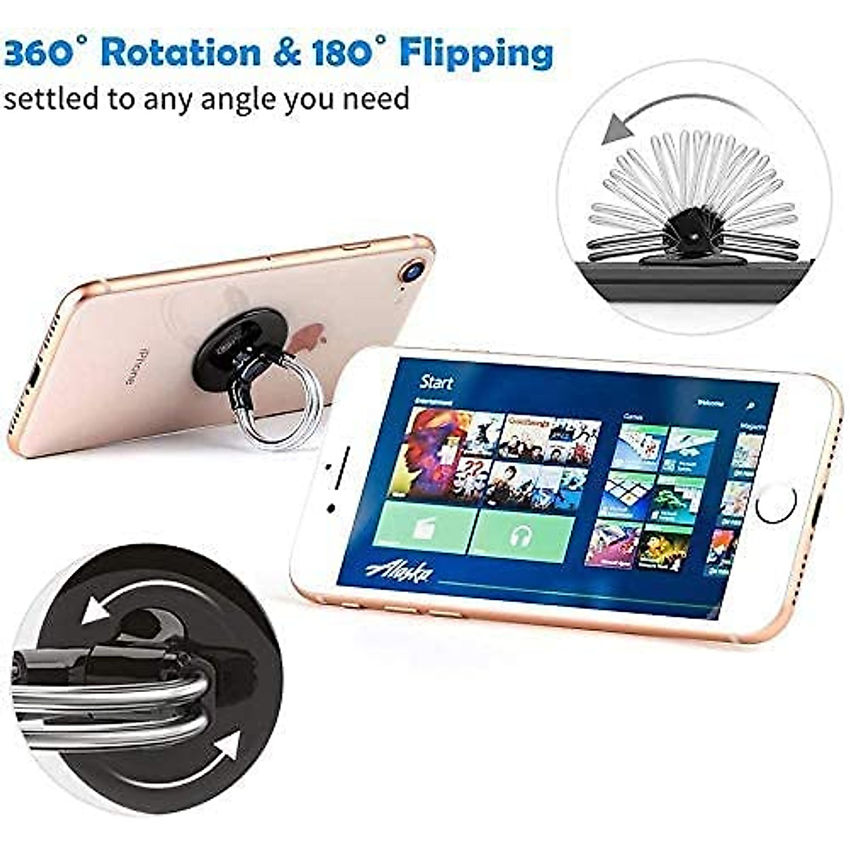 AirFly Phone Finger Ring Holder, 4 in 1, Universal Metal Phone Ring, Table Stand Kickstand, Car Vent Mount, Finger Grip Compatible All Smartphones, Black Matte