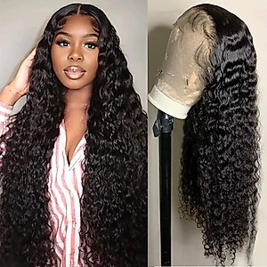HD Lace Front Wig Human Hair Deep Wave Wigs For Black Women 180% Density 13x4 Water Curly Lace Frontal Wigs Glueless Human Hair Pre plucked with Baby Hair Brazilian Wet n Wavy Lace Closure Wig 28inch