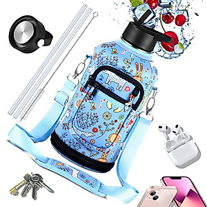 Half Gallon/ 64oz Water Bottle with Straw and Sleeve Insulated, Wide Mouth Stainless Steel Big Gallon Water Jug, Keep Cold for 48 Hrs or Hot for 24 Hrs Vacuum Metal Thermos Mug with Handle