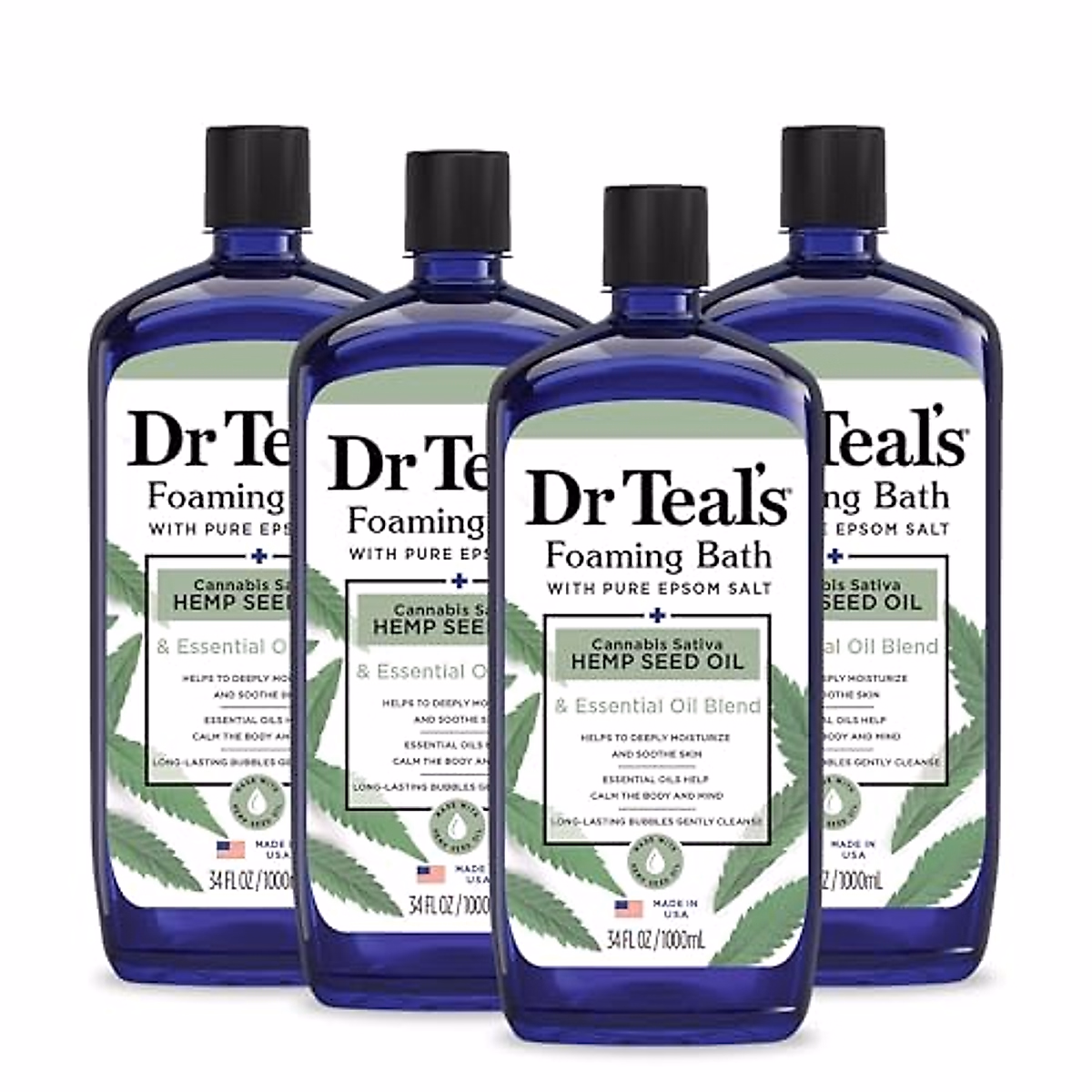 Dr Teal's Foaming Bath with Pure Epsom Salt, Cannabis Sativa Hemp Seed Oil, 34 fl oz (Pack of 4) (Packaging May Vary)