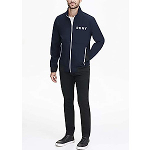 DKNY Men's Stand Collar Softshell Track Bomber Jacket, Navy, Large